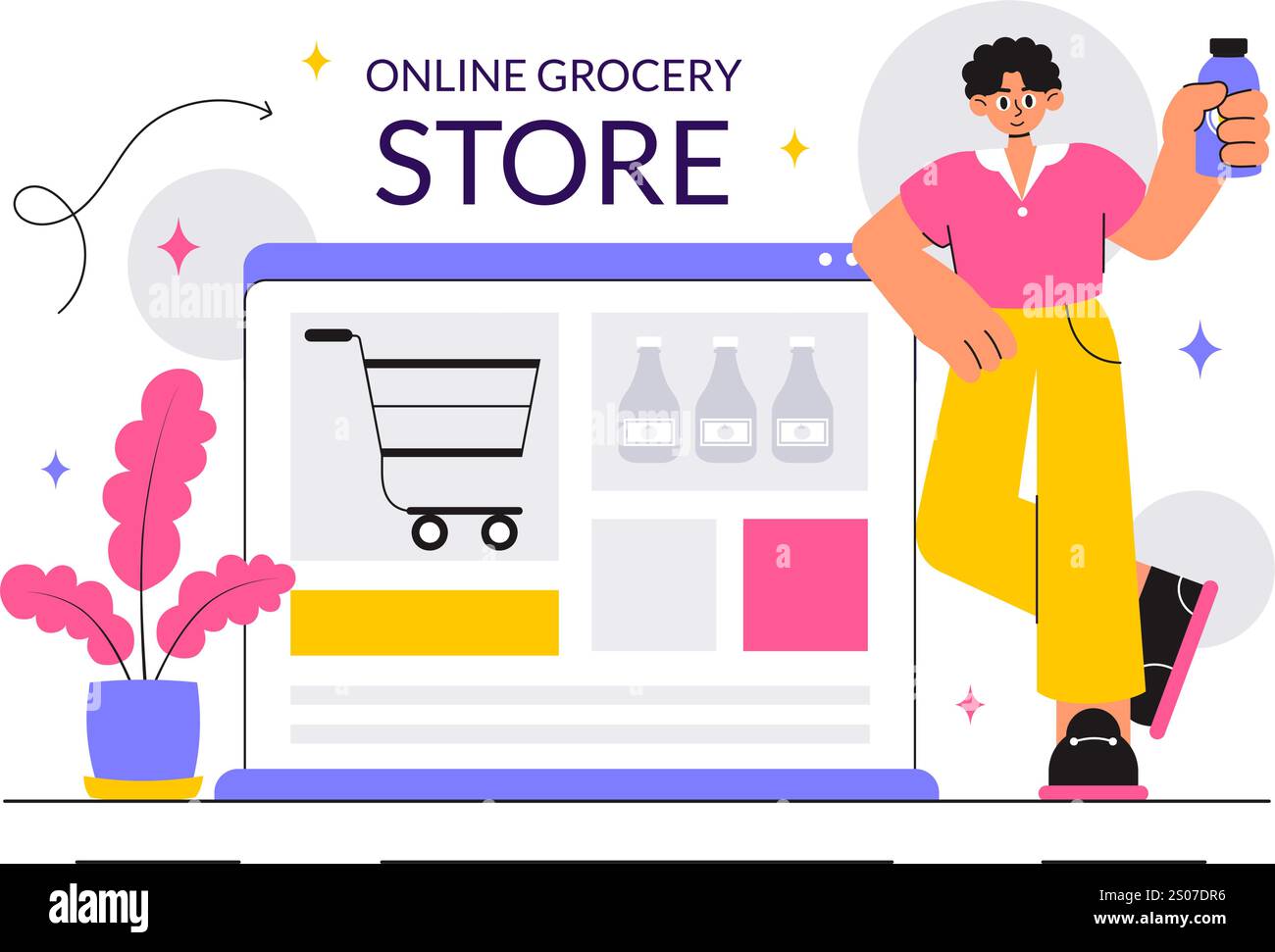 Online Grocery Store Vector Illustration Featuring Food Product Shelves, Racks with Dairy ...