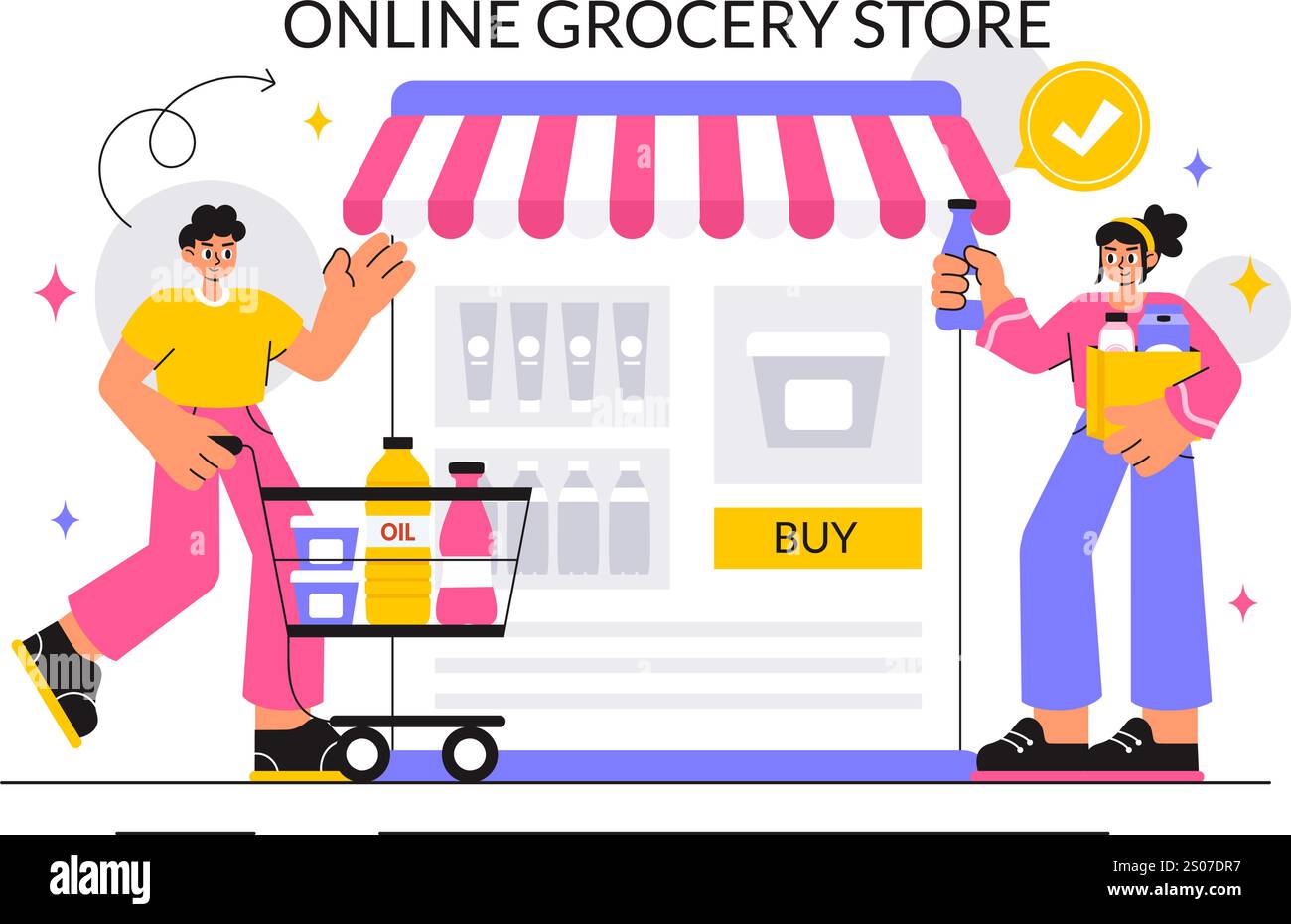 Online Grocery Store Vector Illustration Featuring Food Product Shelves ...