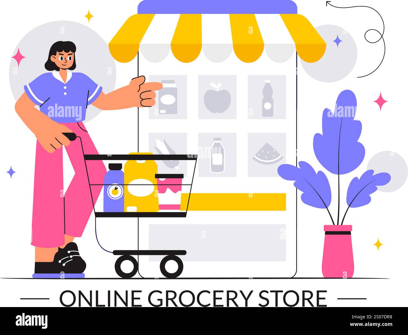Online Grocery Store Vector Illustration Featuring Food Product Shelves, Racks with Dairy ...