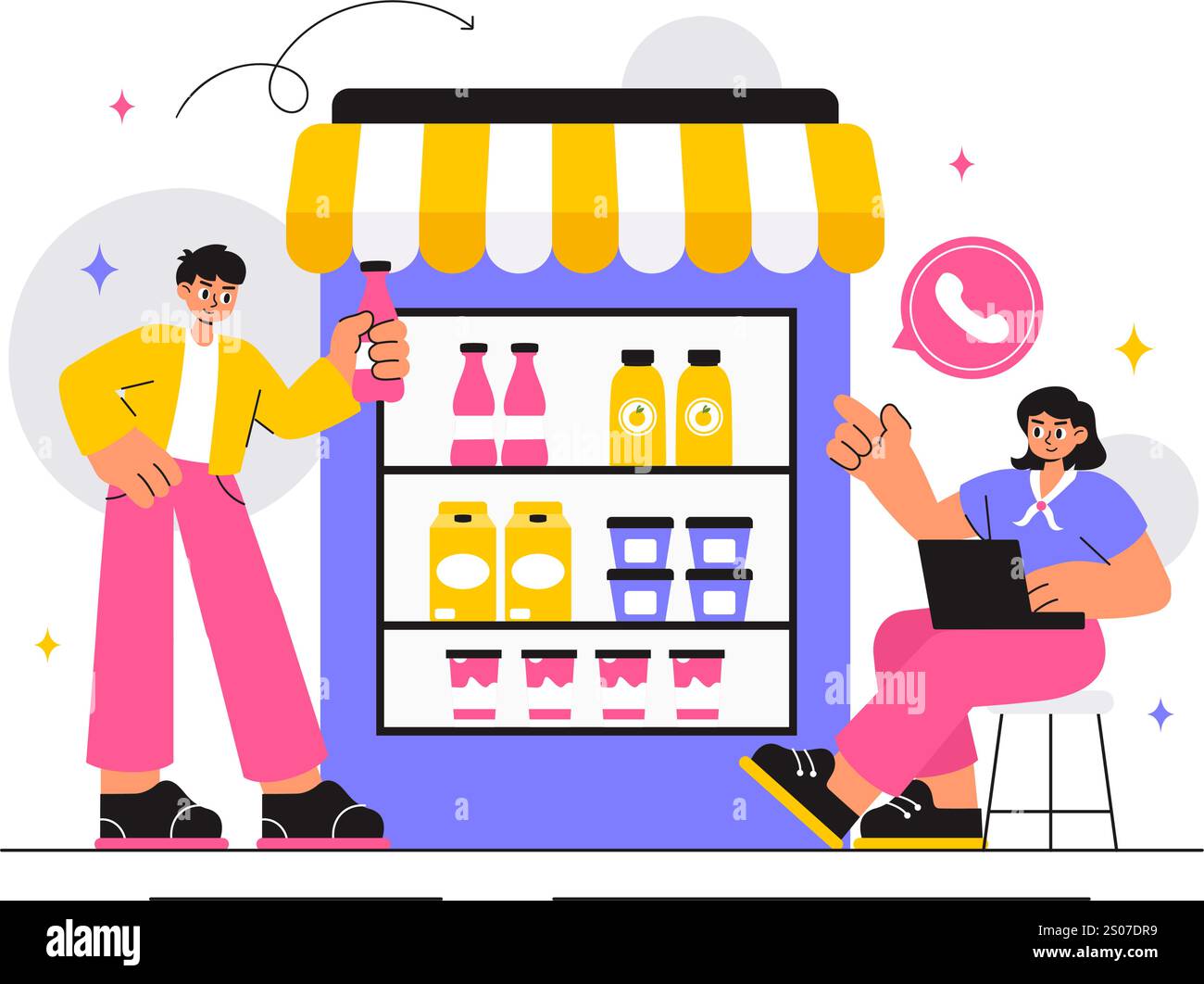 Online Grocery Store Vector Illustration Featuring Food Product Shelves ...
