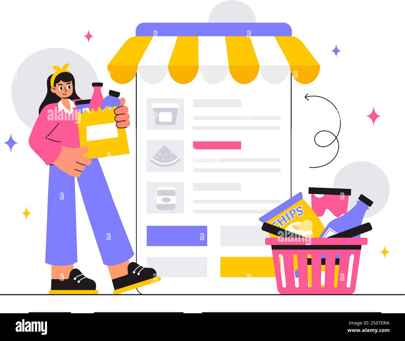 Online Grocery Store Vector Illustration Featuring Food Product Shelves ...