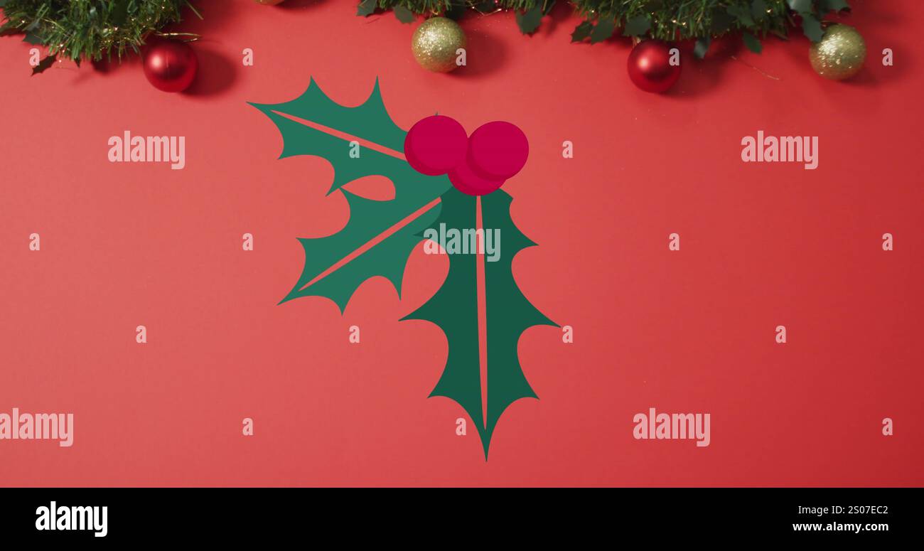 Image of christmas holly leaves and berries over christmas decorations ...