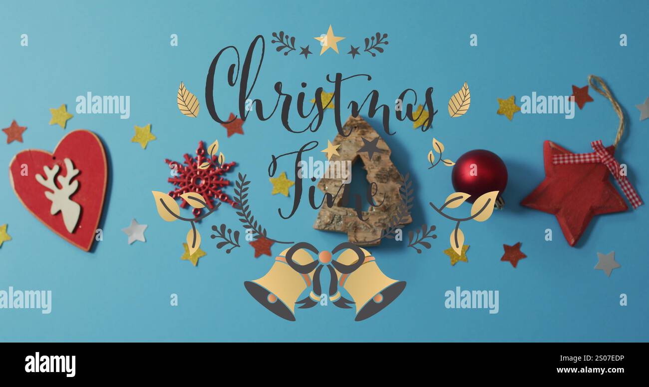 Image of christmas greetings text over christmas decorations Stock ...