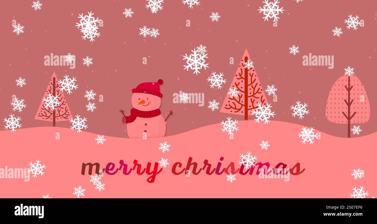 Image of merry christmas text and snow falling over snowman in winter ...