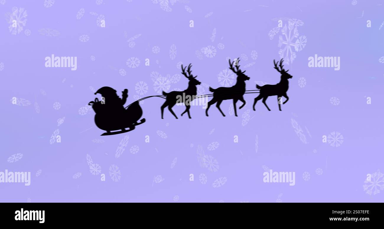 Santa claus in sleigh being pulled by reindeers over snowflakes falling ...
