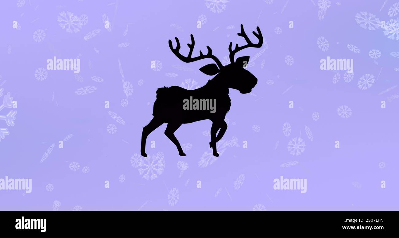 Black silhouette of reindeer walking over snowflakes falling against ...