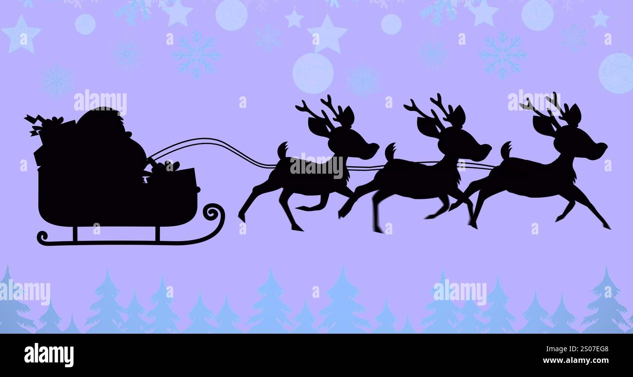 Santa claus in sleigh being pulled by reindeers over hanging ...