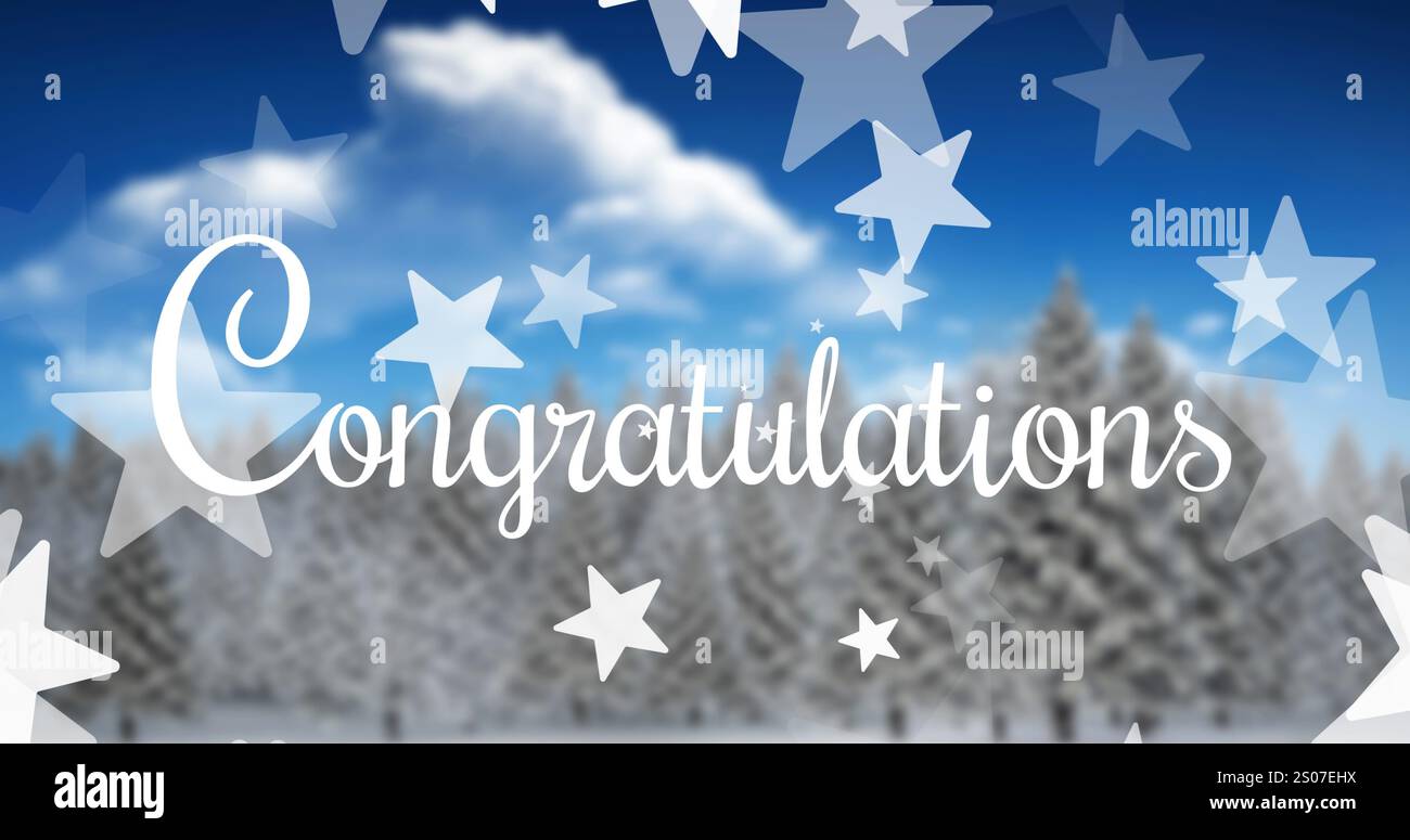 Image of stars and congratulations text banner against snow covered ...