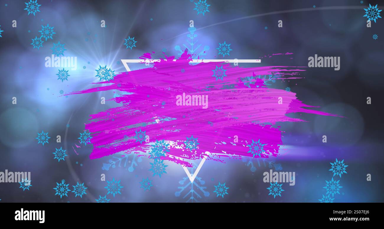 Image of abstract pattern over triangle, lens flare, snowflakes falling ...