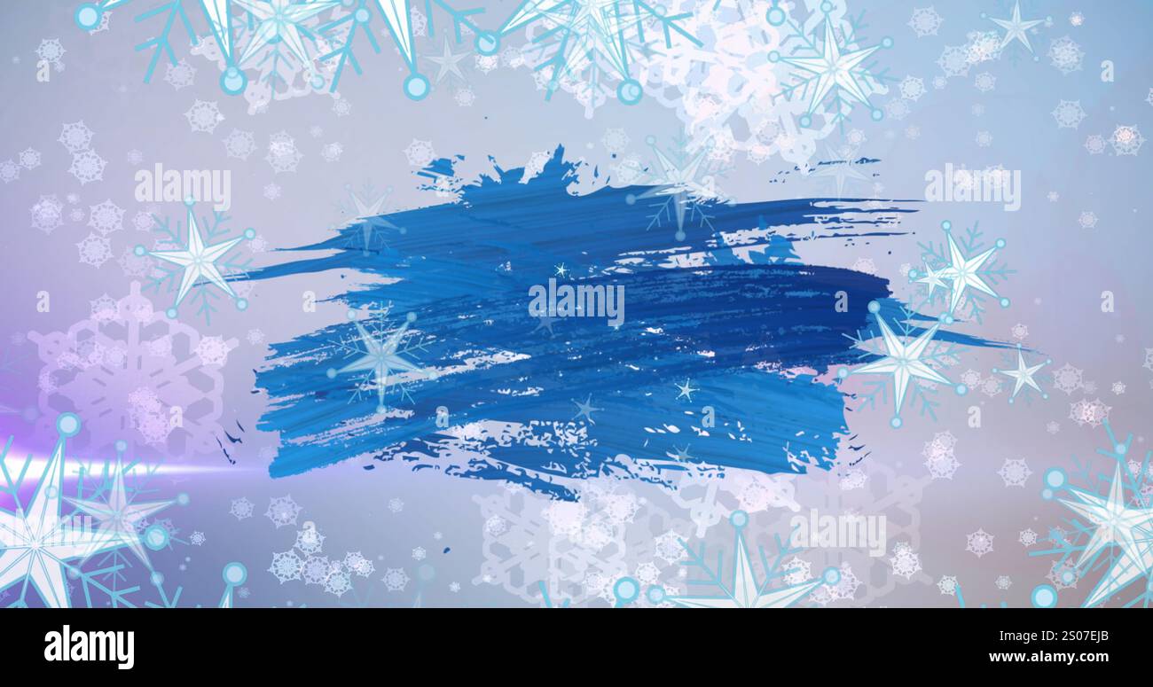 Image of lens flare, blue abstract pattern over flying stars against ...