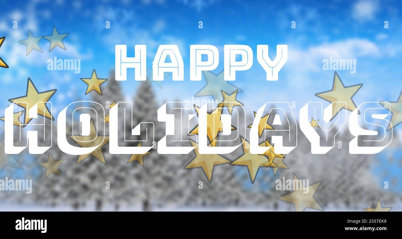 Image of stars and congratulations text banner against snow covered ...
