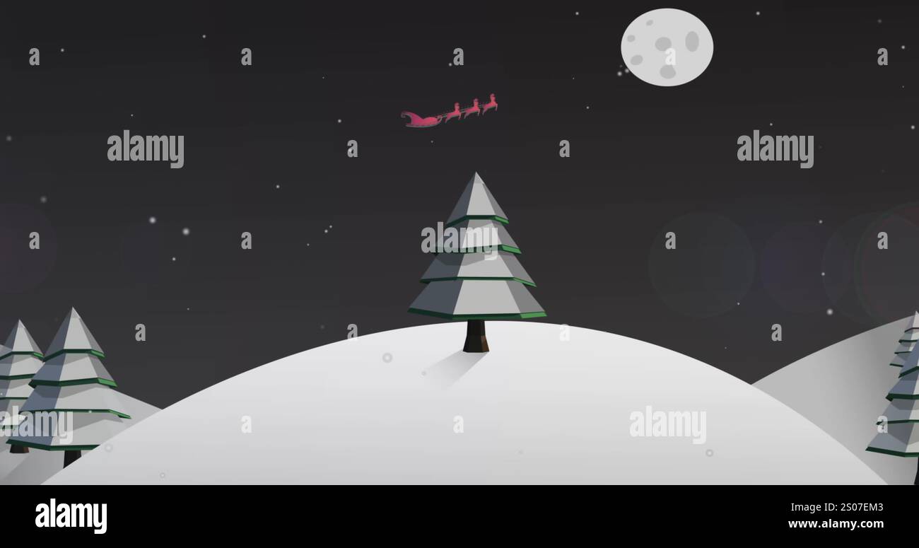 Image of snow falling over santa claus in sleigh with reindeer in ...