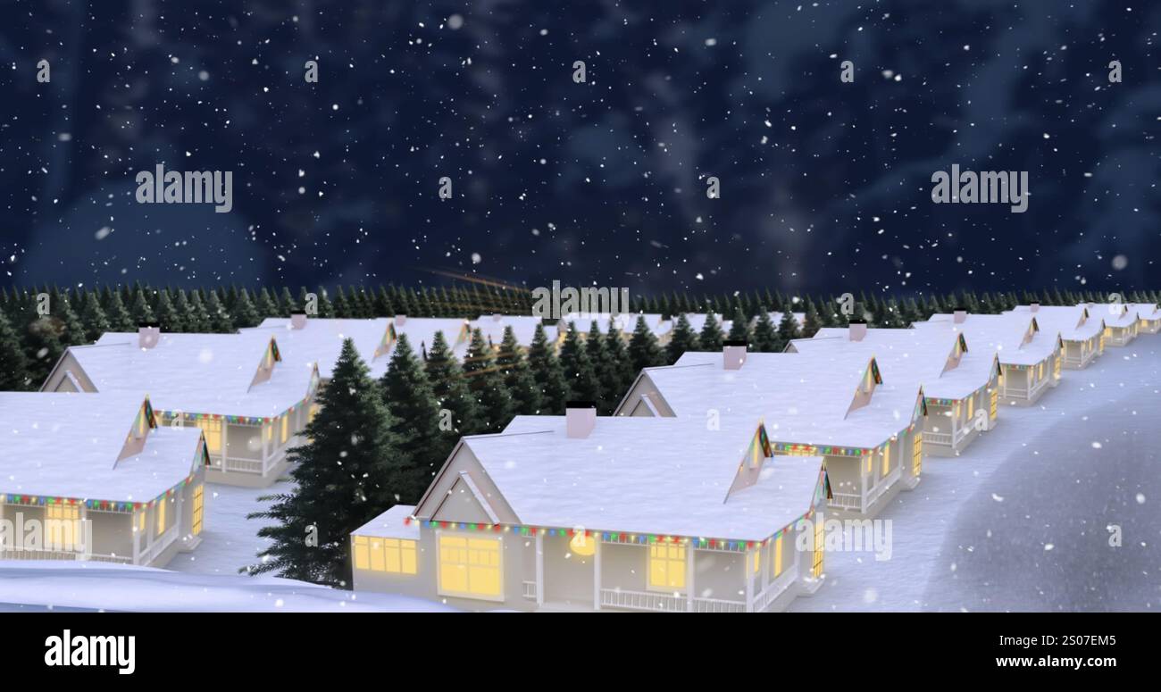 Image of light spot and snow falling over multiple trees and house ...