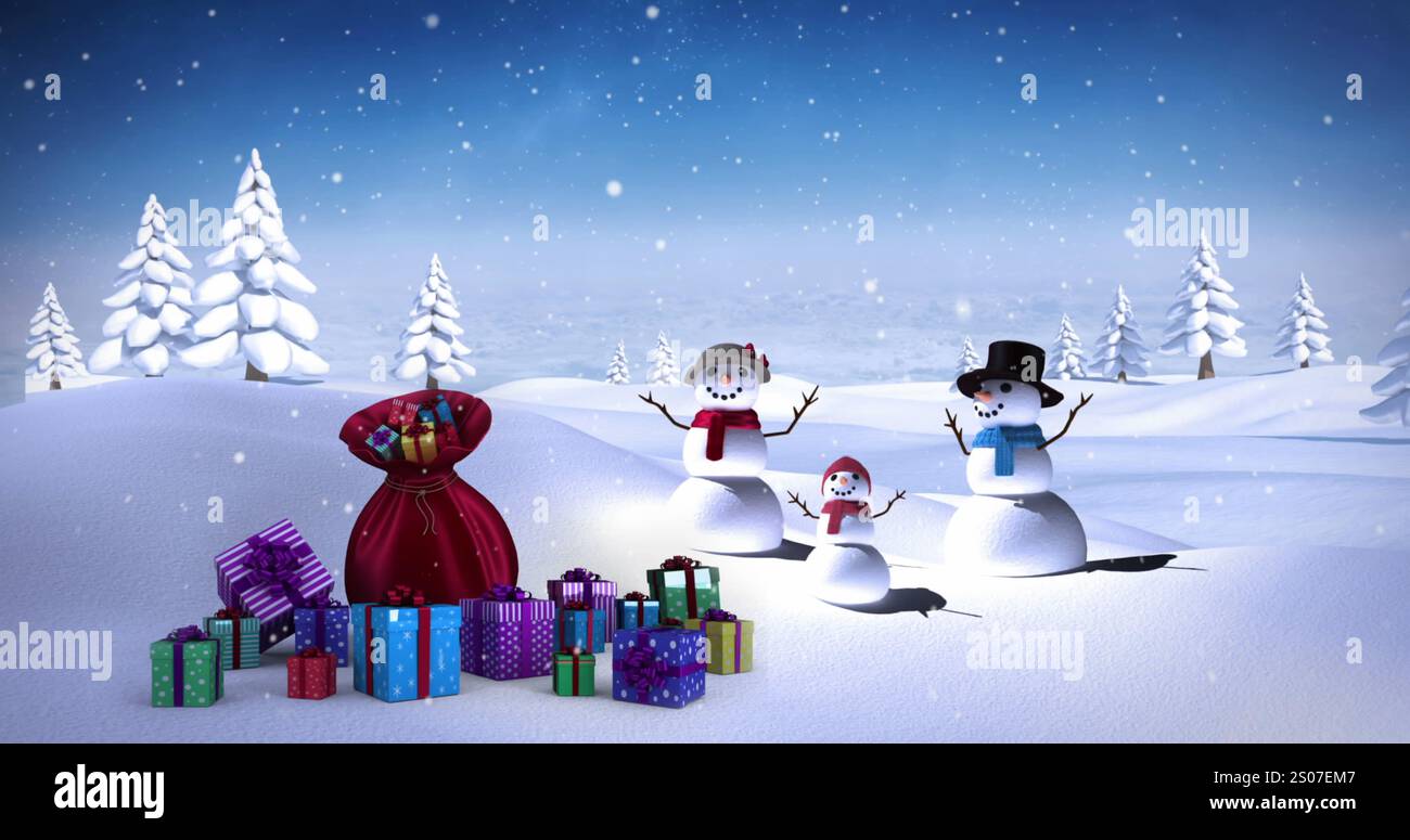Image of shooting star over christmas presents and snowmen in winter ...