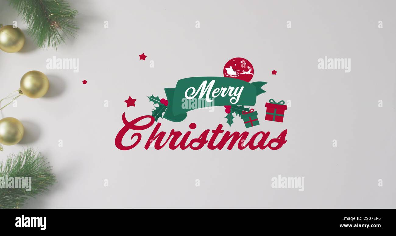 Image of christmas greetings text over christmas decorations Stock ...