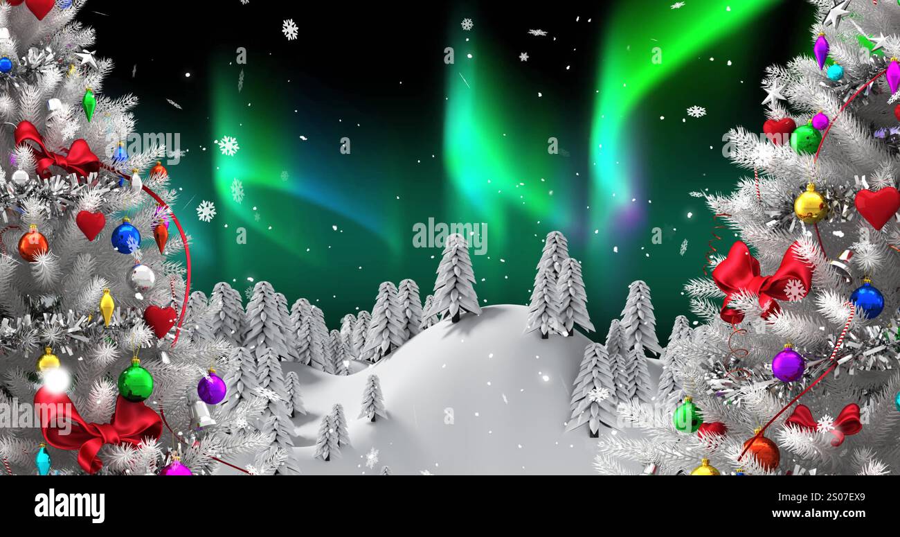 Image of snow falling and aurora borealis in christmas trees winter ...