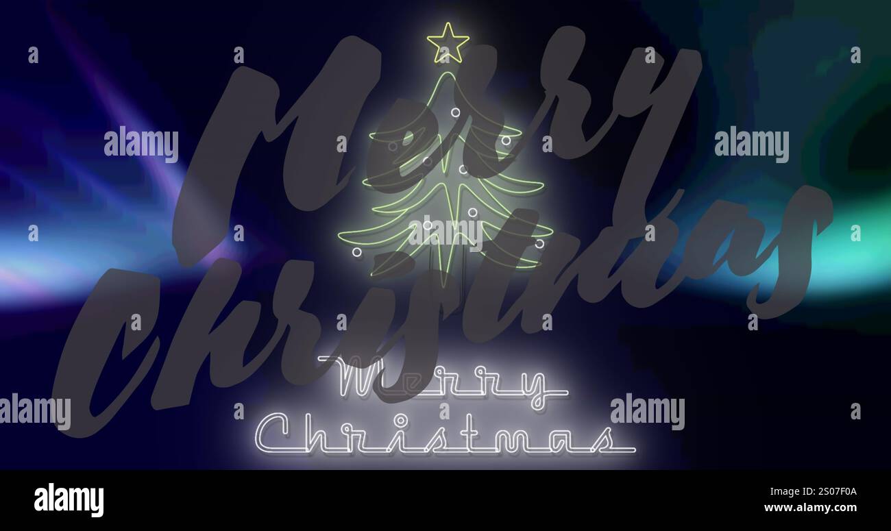 Image of christmas greetings text over christmas tree Stock Photo - Alamy