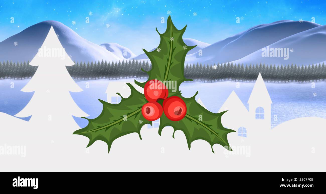 Image of snow falling over mistletoe icon against winter landscape ...