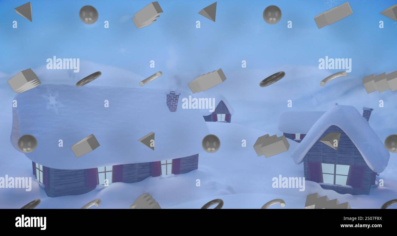 Image of grey abstract shapes in seamless pattern and snow falling over ...