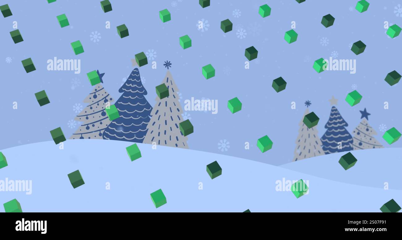 Image of green 3d cube icons in seamless pattern over christmas tree ...