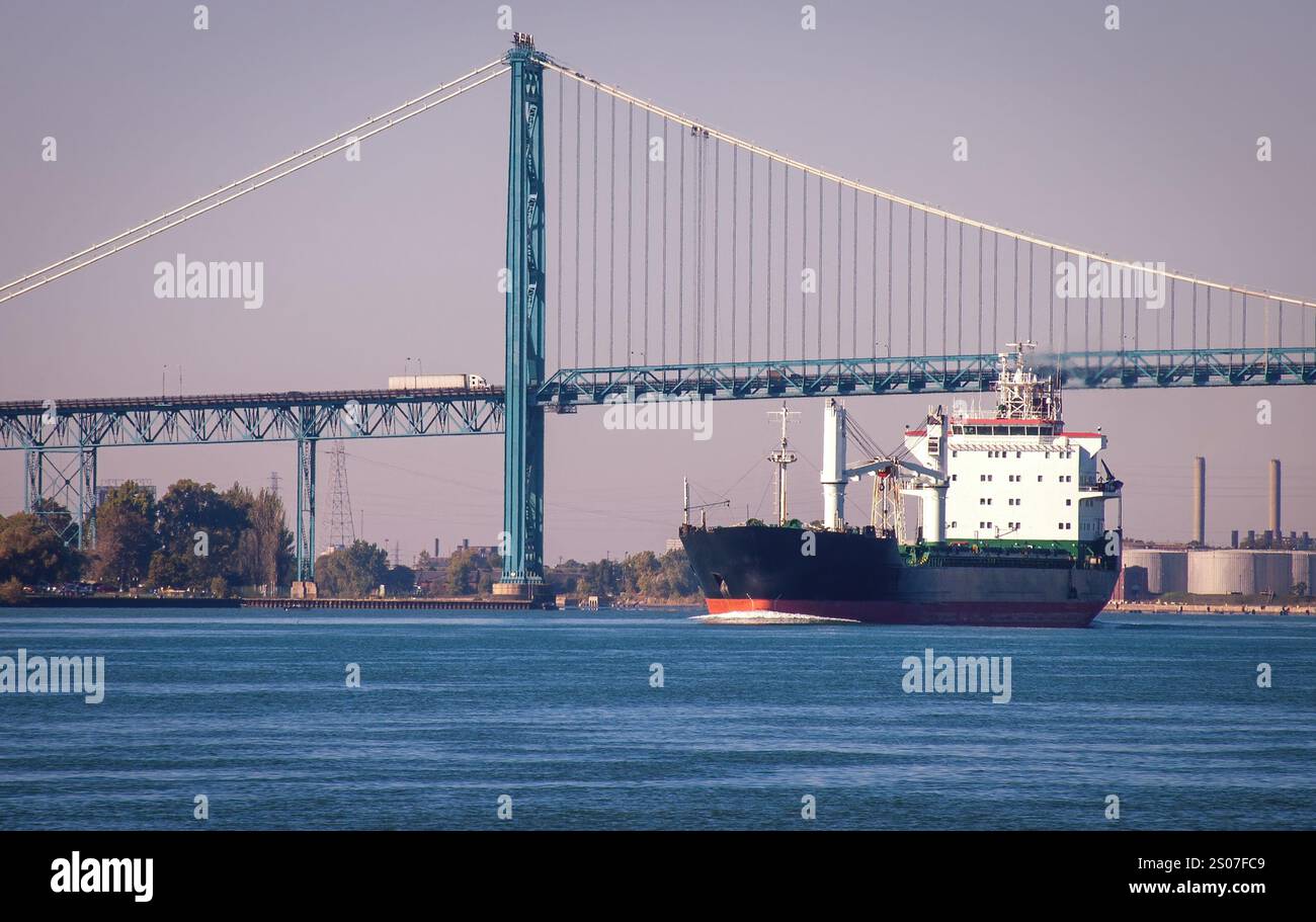 Ship on the Detroit river at bridge to canada from USA Stock Photo - Alamy