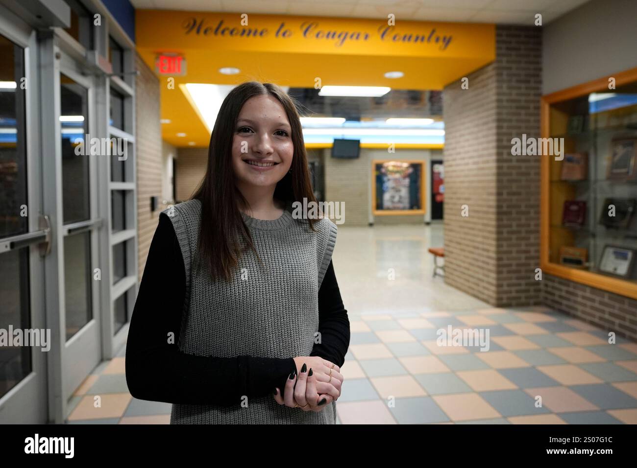 Makenzie Gilkison stands in the main lobby at Greenfield Central High ...