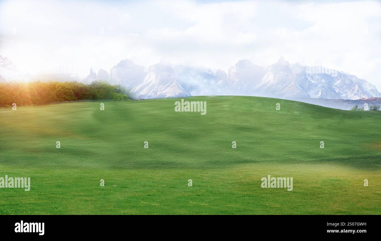 Golf teeing ground in golf course with sunrise background. Landscape ...
