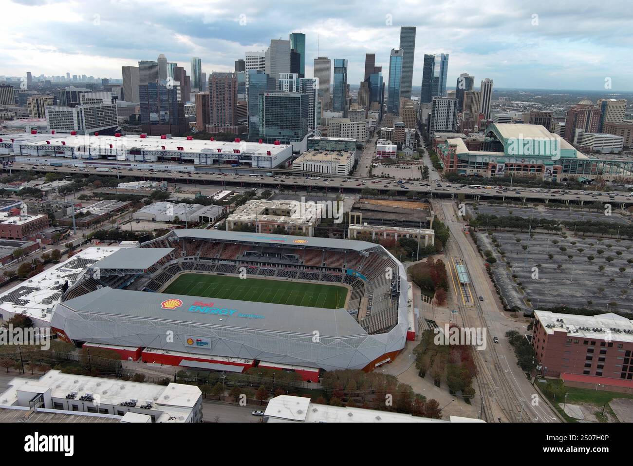 A general overall aerial view of Shell Energy Stadium (foreground) and ...
