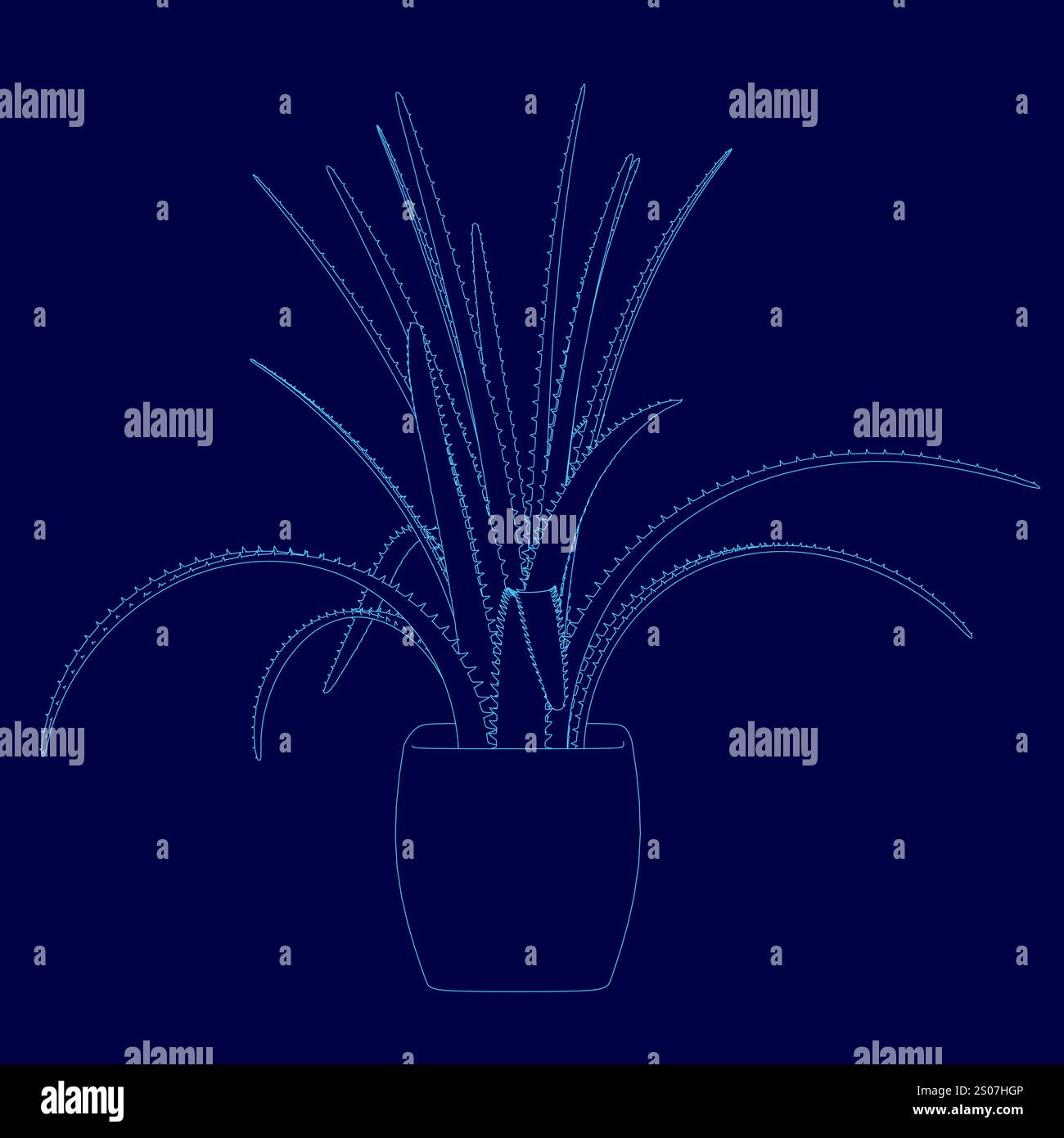 Blue image of a plant in a pot. The plant is tall and thin, with a long ...