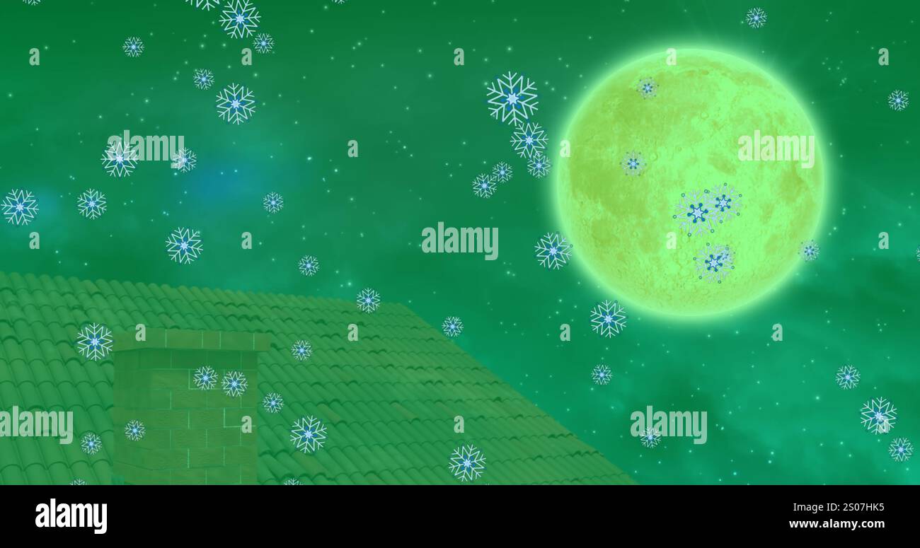 Image of christmas snow falling in winter scenery with full moon over ...