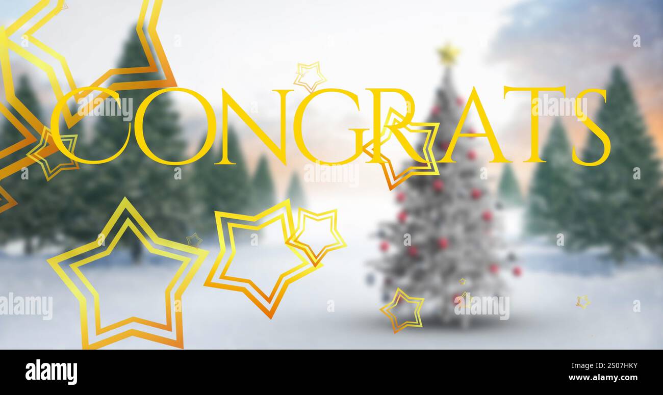 Image of golden stars and congrats text banner against christmas tree ...