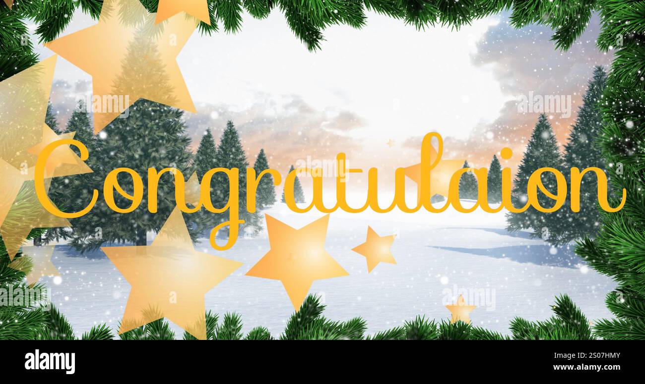 Image of golden stars and congratulations text banner against winter ...
