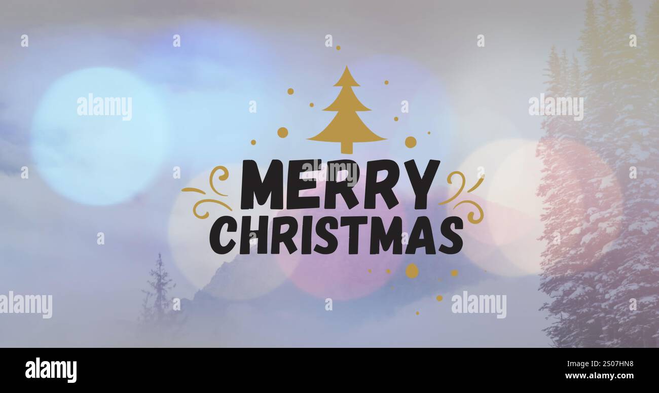 Image of merry christmas text banner against colorful spots of light ...