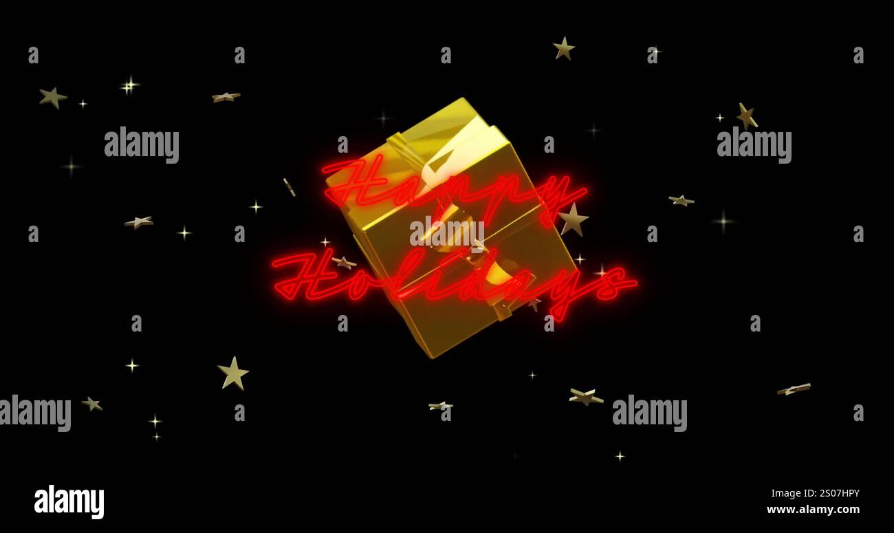 Image of illuminated happy holidays text with gift box and stars ...