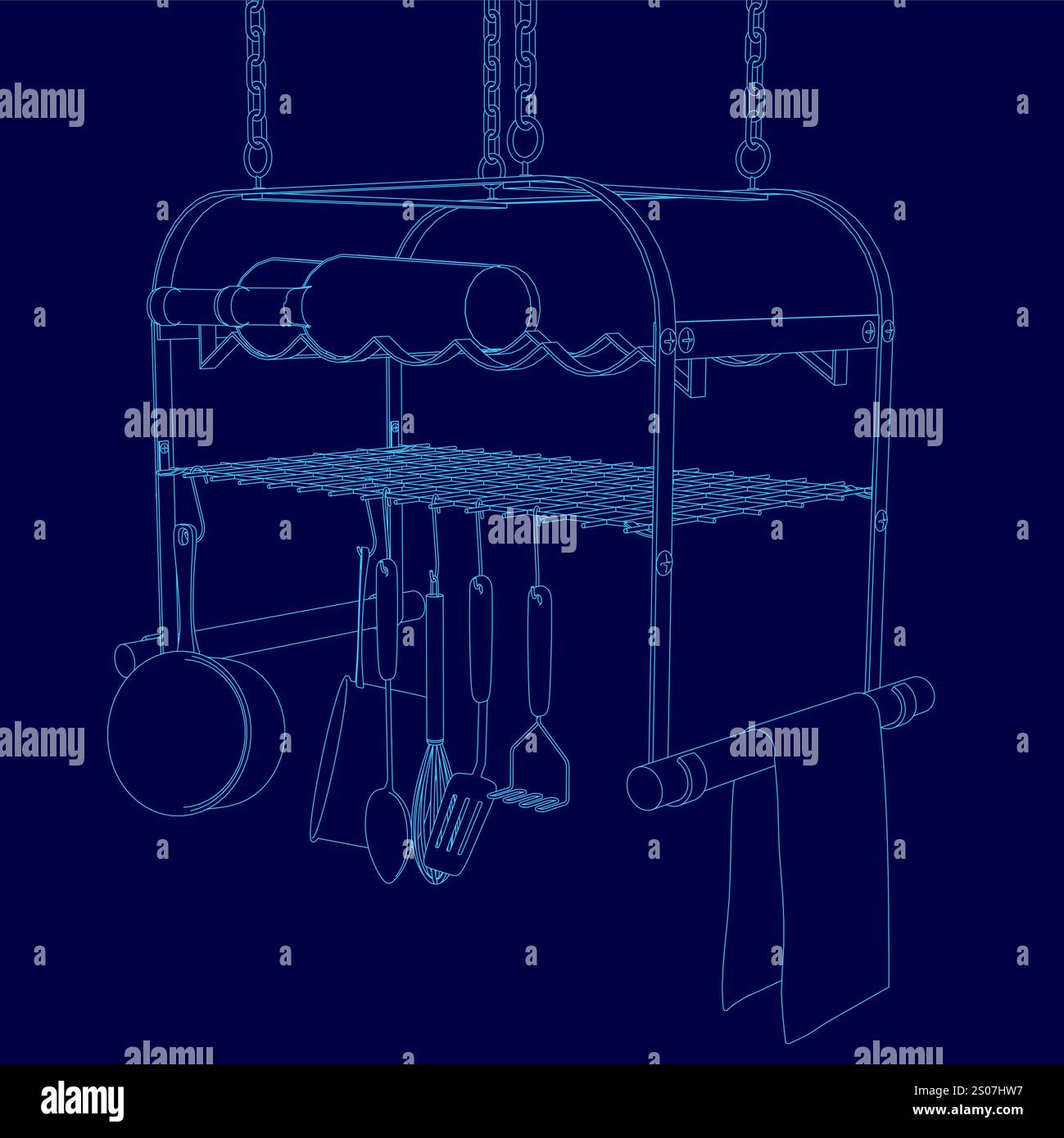 Blue drawing of a kitchen with a hanging rack for utensils. The rack is ...