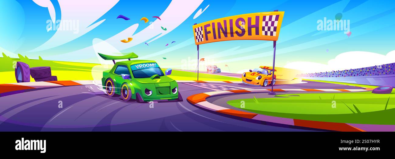 Race competition panoramic scene with cartoon vehicles on curvy track ...