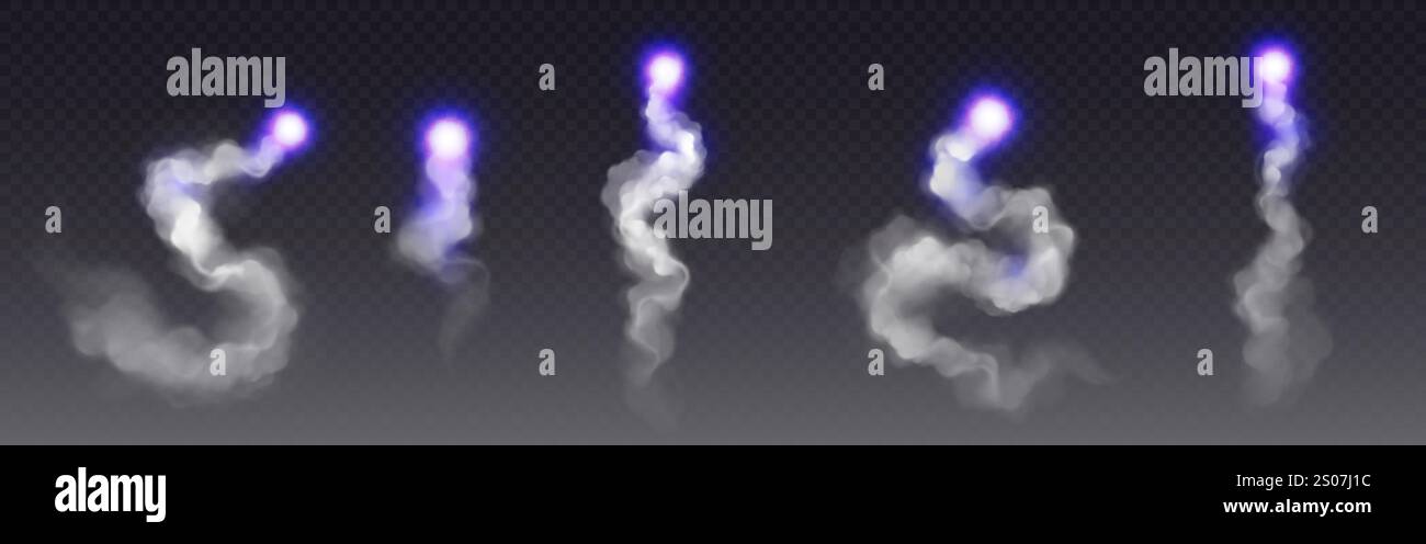 Rocket launch smoke trails with glowing purple engine flames - curling ...