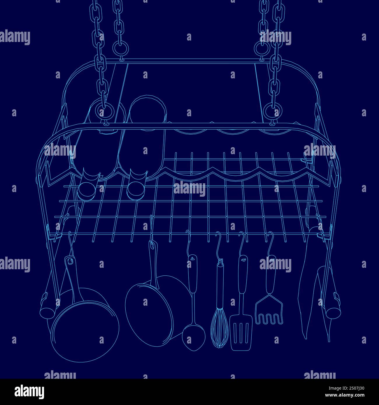 Blue drawing of a kitchen with a hanging rack for pots and pans. The ...