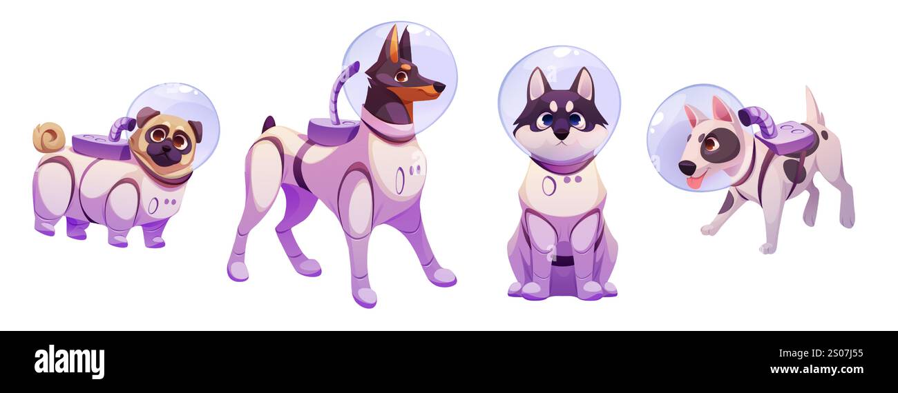 Space dog mascot set - cartoon pug, doberman, husky and bull terrier ...