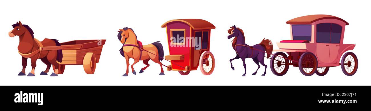 Horse carts set isolated on white background. Vector cartoon ...