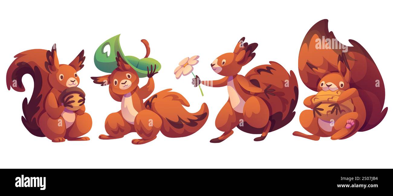 Cute squirrel character set in different poses - furry woodland creature holding acorn, hiding ...