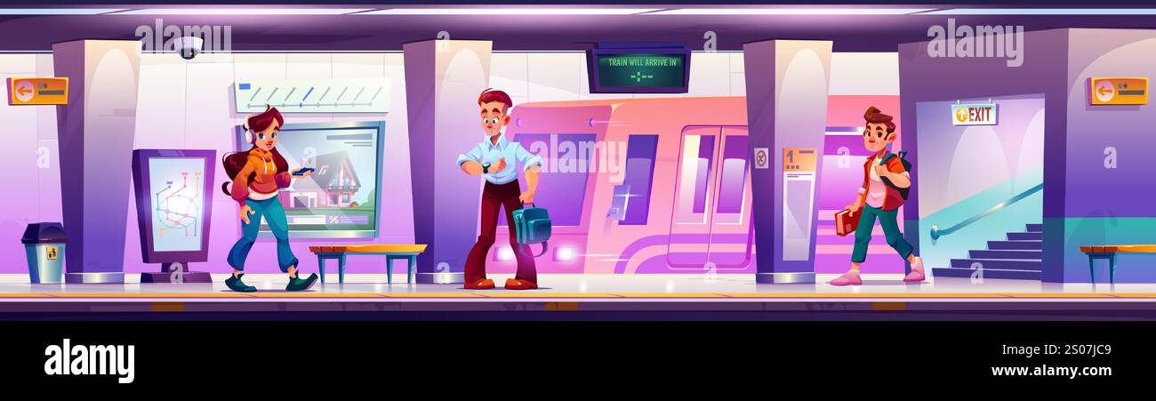 Subway station platform with cartoon passengers and modern metro train ...