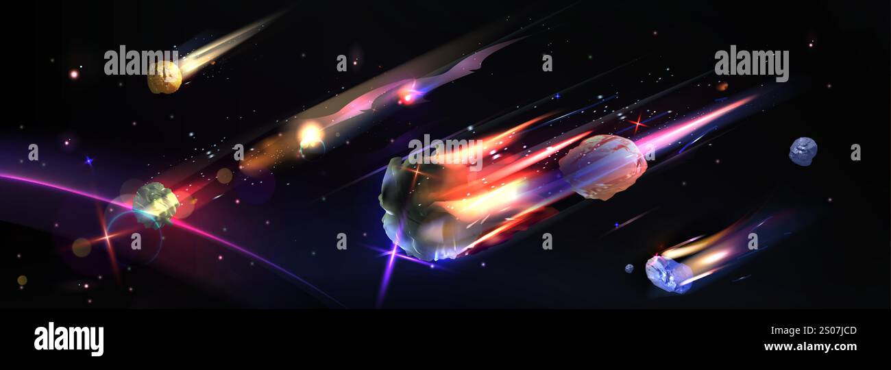 Flaming asteroid shower - meteors with glowing plasma and fire trails ...