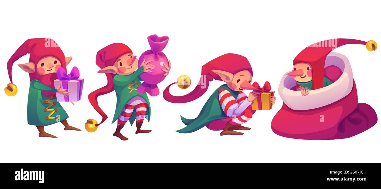 Cute elf characters with presents in festive poses - santa helpers ...