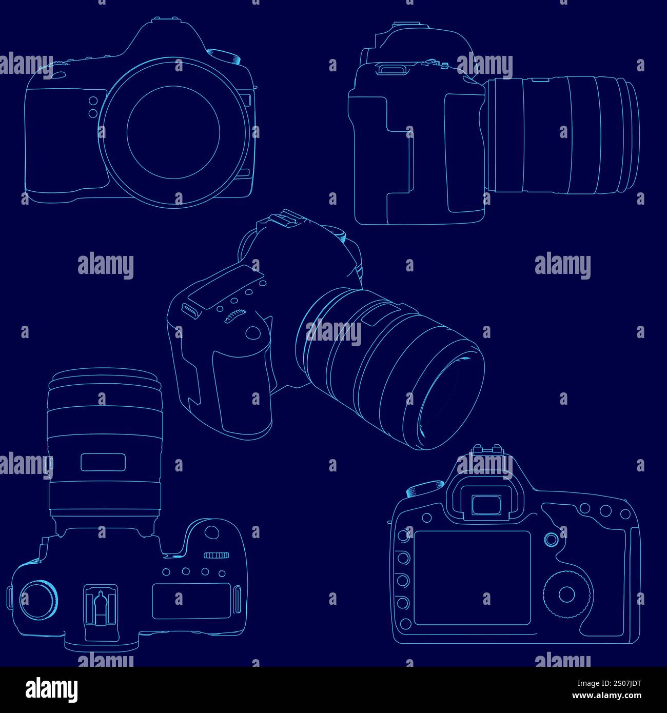 Series of blue line drawings of a camera, with the top left drawing ...