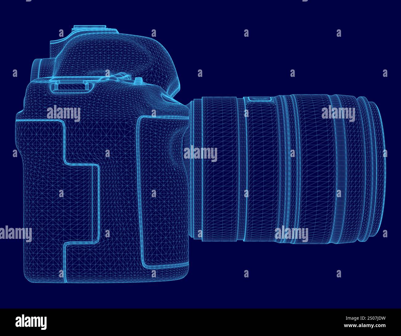Blue image of a camera lens. The lens is shown in a 3D format, with a ...