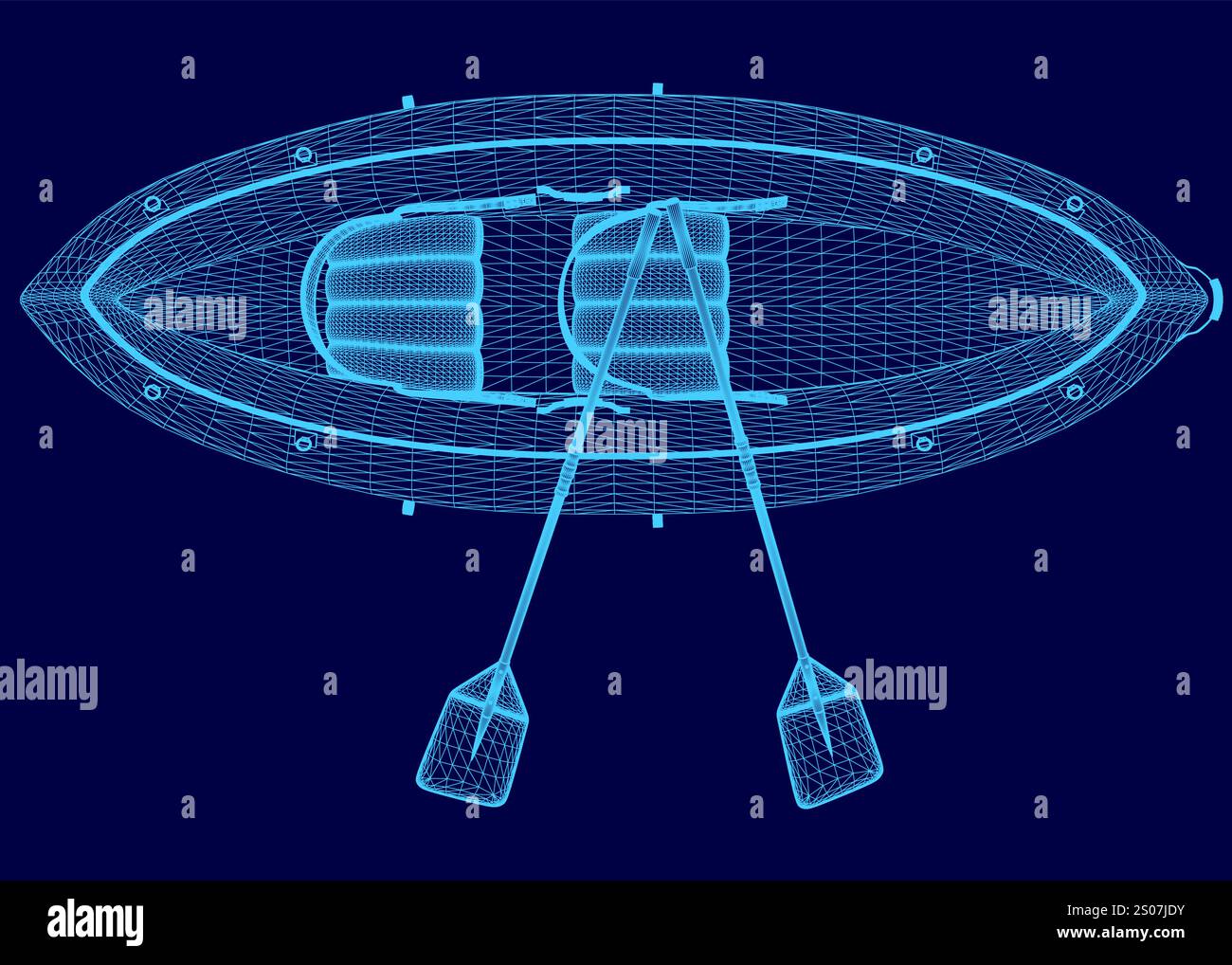 Blue kayak with two paddles on it. The paddles are attached to the ...