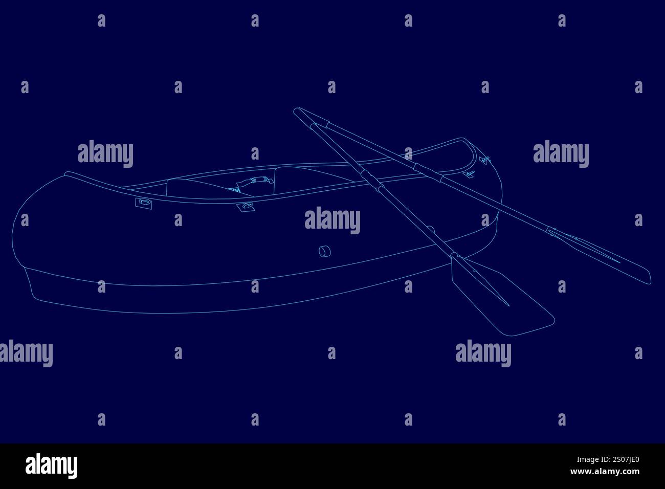 Blue drawing of a canoe with a paddle on top of it. The canoe is shown ...