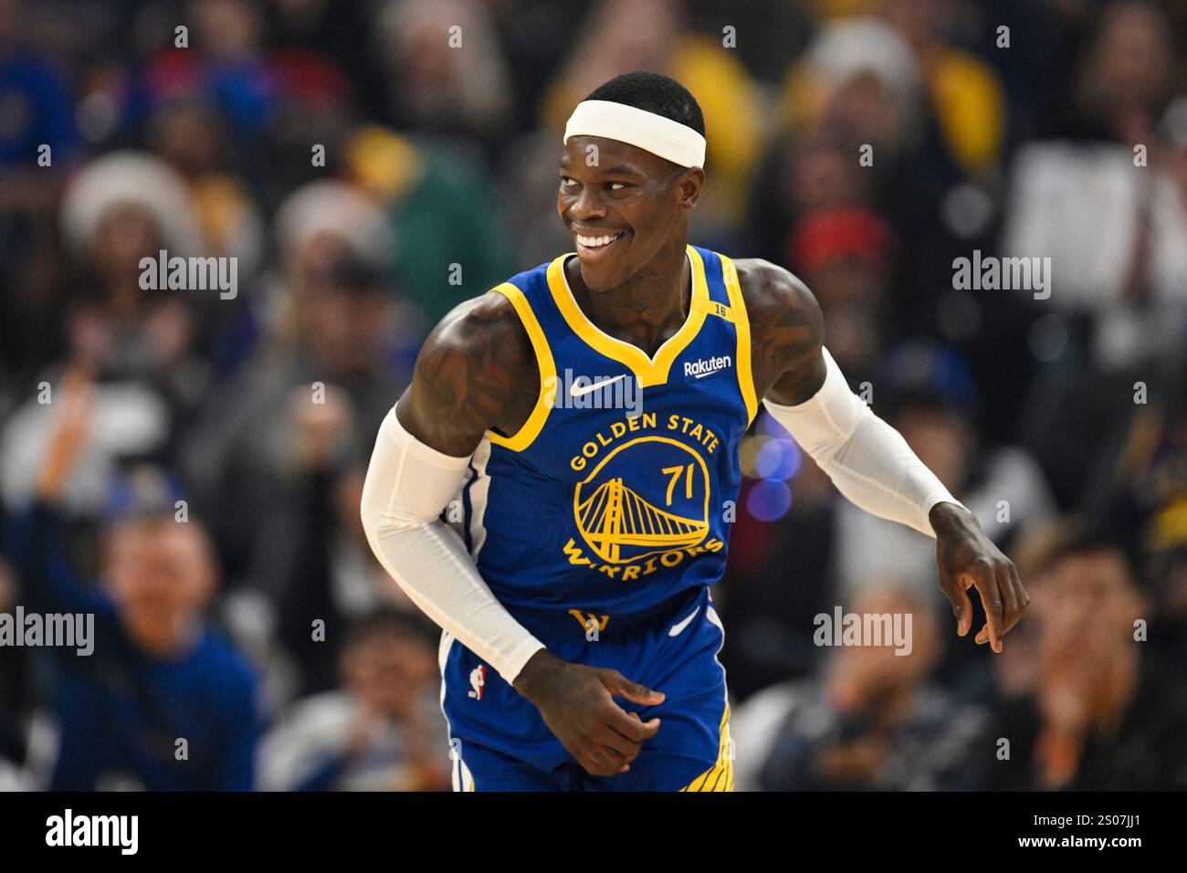 Golden State Warriors guard Dennis Schroder (71) celebrates a basket ...