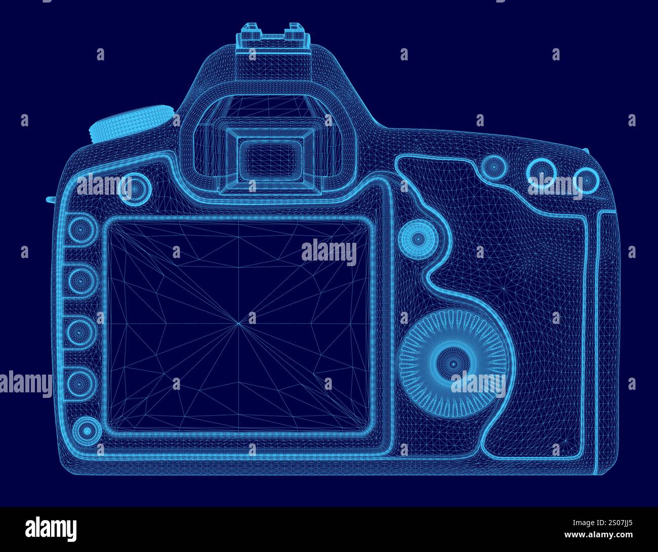 Close up of a digital camera with a blue screen. The camera is a modern ...